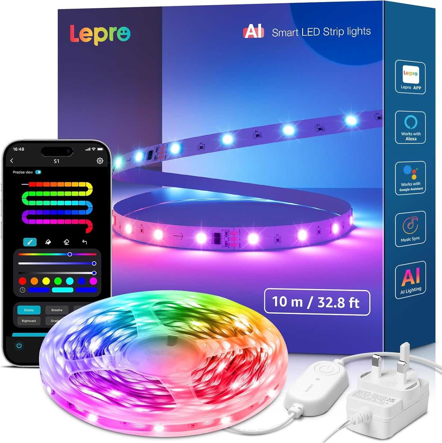 Lepro S1 AI Smart Rainbow LED Strip Light 10M, 30 LEDs/M, Music Sync ...